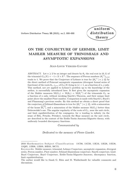 Pdf On The Conjecture Of Lehmer Limit Mahler Measure Of Trinomials And Asymptotic Expansions