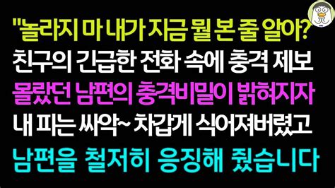 실화사연 친구의 긴급한 전화 속에 충격 제보 몰랐던 남편의 충격비밀이 밝혀지자 내 피는 싸악~ 차갑게 식어져버렸고 남편을 철저히 응징해 줬습니다 ㅣ라디오드라마ㅣ사이다사연ㅣ