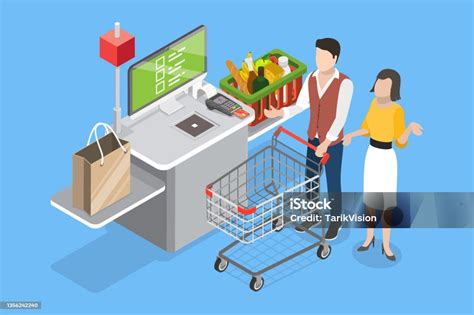 자체 체크 아웃의 3d 동면 측정 플랫 벡터 개념 적 그림 셀프 계산대에 대한 스톡 벡터 아트 및 기타 이미지 셀프 계산대 슈퍼마켓 등측투영법 Istock