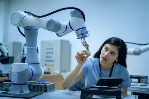 female robotics engineer working with programming and manipulating