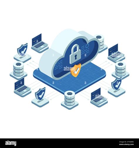 isometric cloud security concept with data protection elements cloud