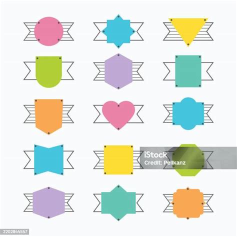 귀여운 다채로운 기하학적 빈 레이블 검은 선 리본 배너 다양한 모양의 배너 흰색 배경에 설정된 디자인 요소 공란에 대한 스톡 벡터 아트 및 기타 이미지 Istock