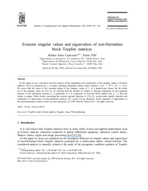 pdf extreme singular values and eigenvalues of non hermitian block toeplitz matrices stefano