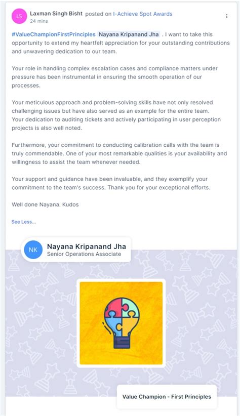 Nayana Jha On Linkedin I Was Rewarded With Value Champion First