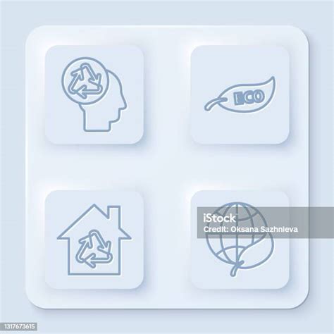 재활용 리프 에코 기호 재활용 기호와 지구 지구와 잎을 가진 에코 하우스와 설정 라인 인간 머리 흰색 정사각형 버튼 벡터 Friendly Match에 대한 스톡 벡터 아트