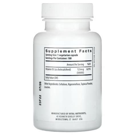 Vital Nutrients Vitamin D3 5 000 Iu 180 Vegetarian Capsules 180