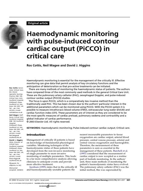 Haemodynamic Monitoring With Pulse Induced Contour Cardiac Output Picco In Critical Care Pdf