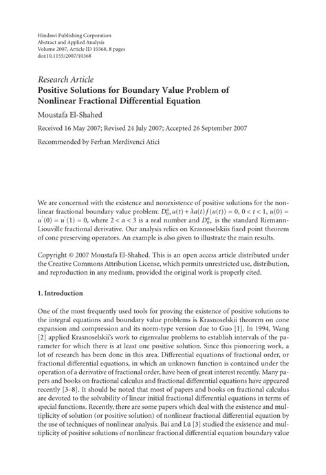 Pdf Research Article Positive Solutions For Boundary Value Problem Of Nonlinear Fractional