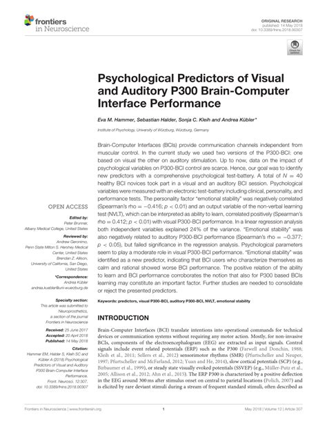 Pdf Psychological Predictors Of Visual And Auditory P300 Brain Computer Interface Performance