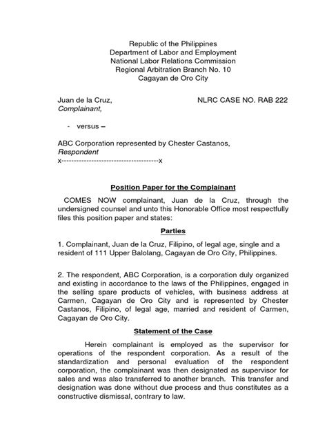 Position Paper Sample Pdf Employment Common Law