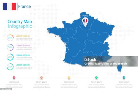 프랑스지도 파란색 색상 높은 세부 사항은 수도의 인포 그래픽지도 핀으로 모든 주를 분리했습니다 0명에 대한 스톡 벡터 아트 및