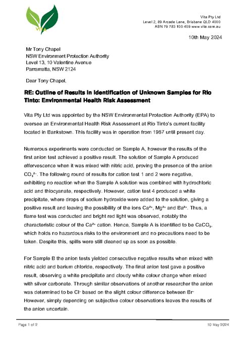 Letter To Epa Major Post Lab Assignment Vita Pty Ltd Was Appointed By The Nsw Environmental