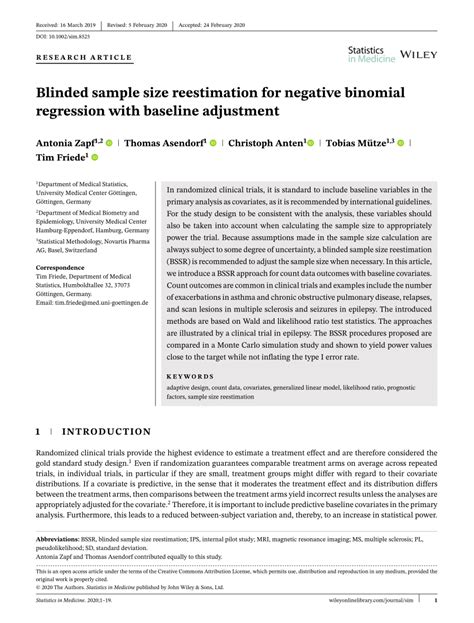 Pdf Blinded Sample Size Reestimation For Negative Binomial Regression With Baseline Adjustment