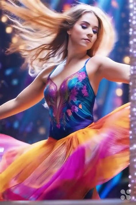 Фото предложенное нейросетью по запросу Девушка блондинка с распущенными волосами танцует