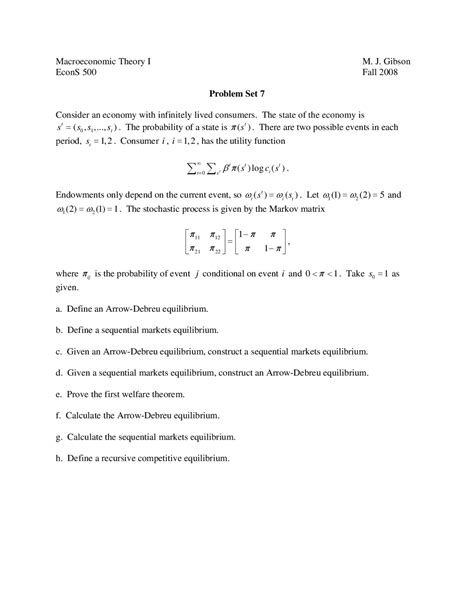 Problem Set 7 For Macroeconomic Theory I Econs 500 Docsity