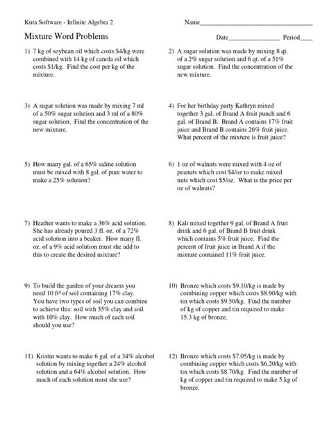 Mixture Word Problems Pdf