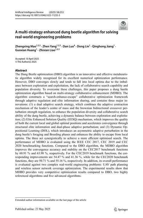 Pdf A Multi Strategy Enhanced Dung Beetle Algorithm For Solving Real