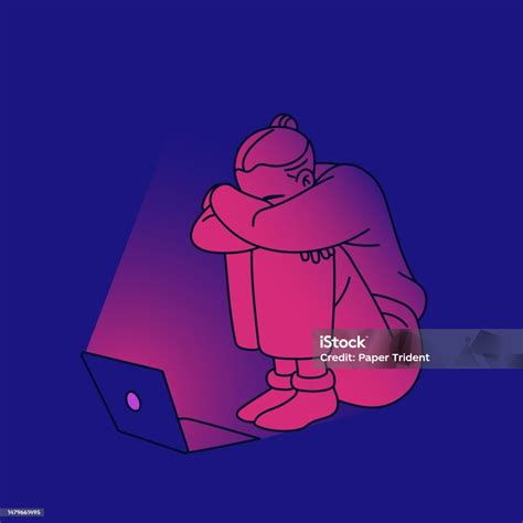 절망에 빠진 슬픈 불행한 소녀 노트북 컴퓨터의 슬픔 스트레스를 받은 우울한 여자는 울고 슬픔을 느낀다 소진 우울증 외로움 심리학