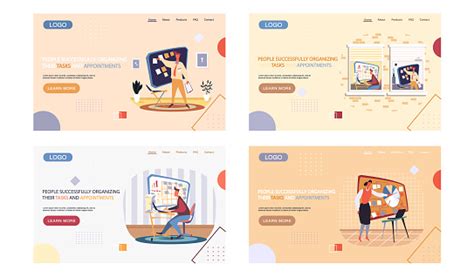 자신의 작업과 약속을 조직하는 사람들 방문 페이지 템플릿 세트 칠판에서 사업가 개념에 대한 스톡 벡터 아트 및 기타 이미지 개념 개발 계획 Istock