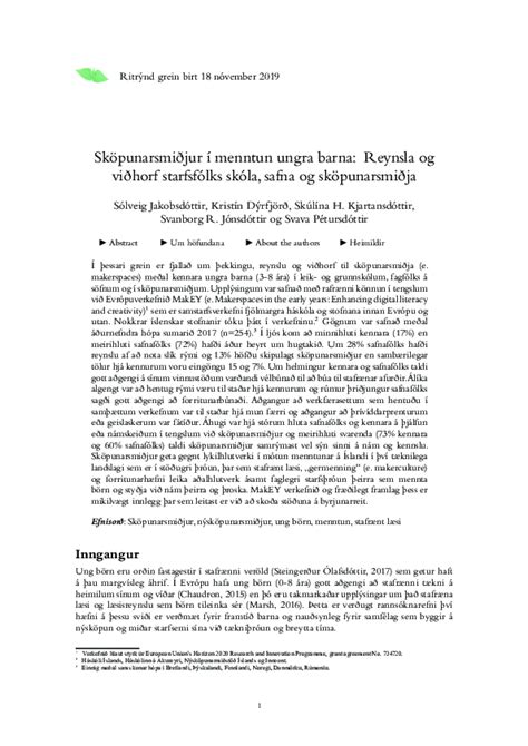 Pdf Sköpunarsmiðjur í Menntun Ungra Barna Reynsla Og Viðhorf
