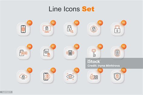 Set Line Shield Security With Lock Firewall Wall Eye Scan Mobile Closed Padlock Cloud Computing