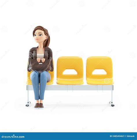 3d Cartoon Woman Sitting In Waiting Room Stock Illustration