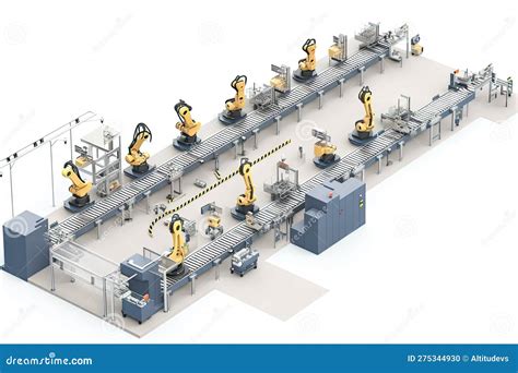 Robotic Assembly Line With Multiple Stages Of Production From Raw Materials To Finished Product