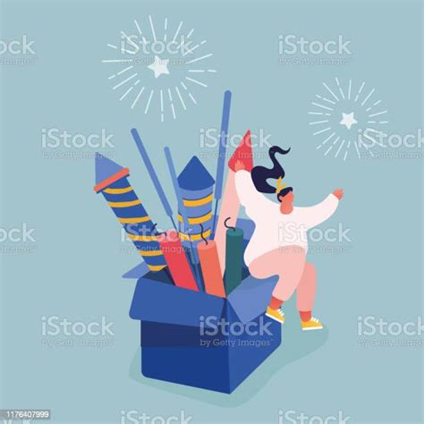 새해 또는 생일 파티를 축하하는 사람들 남자와 여자 캐릭터 발사 및 불꽃 로켓의 폭발을보고 휴일을 축하 벡터 개념 일러스트레이션 개념에 대한 스톡 벡터 아트 및 기타 이미지