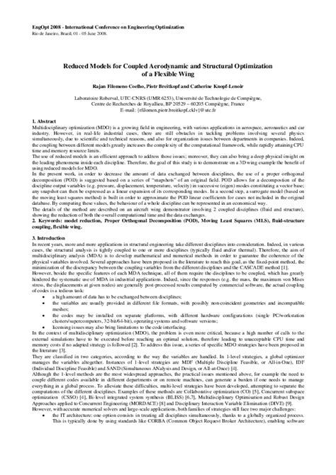 Pdf Reduced Models For Coupled Aerodynamic And Structural Optimization Of A Flexible Wing