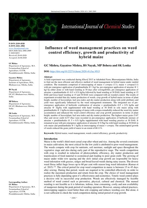 Pdf Influence Of Weed Management Practices On Weed Control Efficiency Growth And Productivity