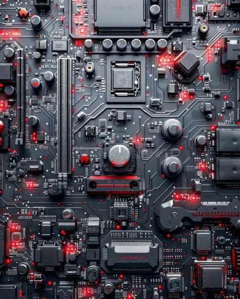 High Detail View Of A Futuristic Circuit Board With Glowing Red Lights And Black Microchips