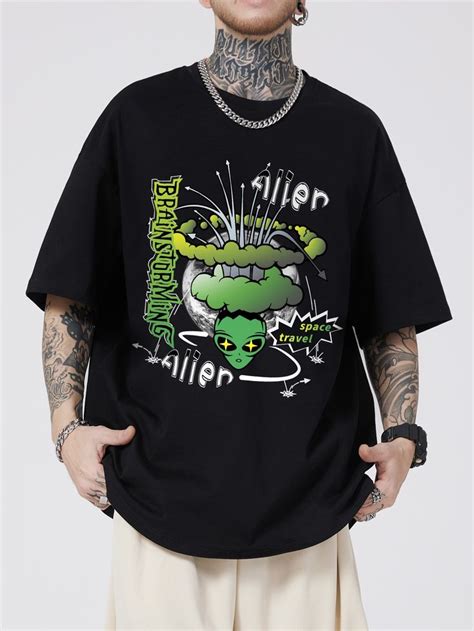 Romwe Guys Letter Cartoon Graphic Tee Graphic Tees Oversized Tee