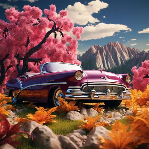 Premium Ai Image Colorful 3d Classic Car Model View With Natural Scenery