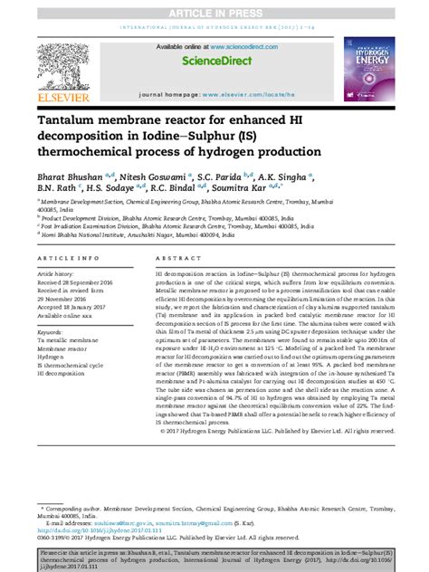 Pdf Tantalum Membrane Reactor For Enhanced Hi Decomposition In Iodine Sulphur Is