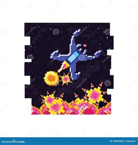 Video Game Spaceship Flying In Stage Scene Pixelated Stock Illustration