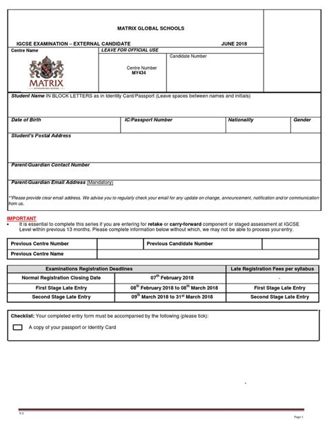 External Igcse Registration Form Pdf Test Examination