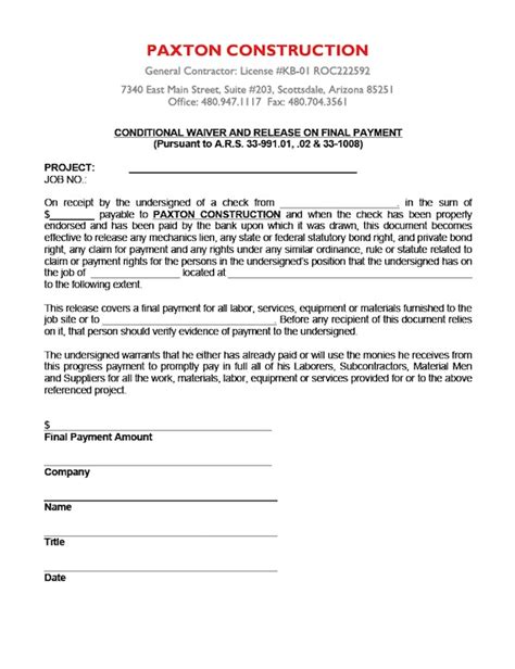 Conditional Final Waiver Paxton Construction