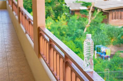 병 물 가정 및 트리 Bokeh 흐리게 배경으로 하늘에 플라스틱을 만든 벽지를 사용 하 여 패키지 또는 이미지 및 복사 공간을 새로 고침 제품 감기와 독감에 대한 스톡 사진