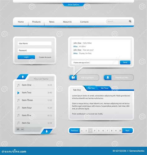 Web Ui Controls Elements Gray And Blue On Light Background Navigation Bar Buttons Form
