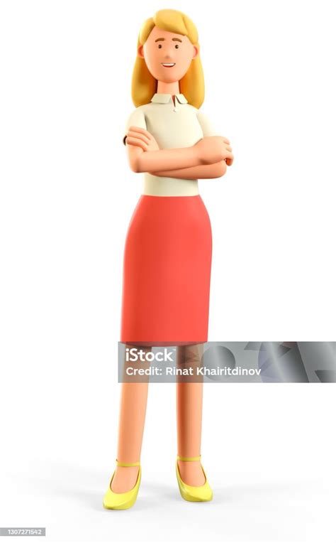 팔을 교차 하는 아름 다운 금발 여자의 3d 그림 흰색에 고립 된 빨간 치마를 입은 매력적인 사업가를 미소 짓는 만화의 초상화 3차원 형태에 대한 스톡 사진 및 기타 이미지