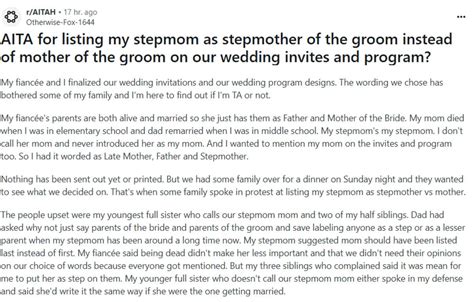 Aita For Mentioning My Dads Second Wife As Grooms Stepmother Instead