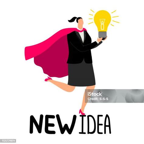 전구새로운 아이디어 벡터 일러스트 레이 션과 슈퍼 영웅 망 토에 여자 개념에 대한 스톡 벡터 아트 및 기타 이미지 개념