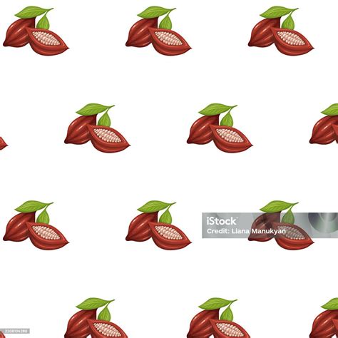 흰색 배경에 만화 스타일의 녹색 잎과 함께 카카오 콩의 완벽 한 패턴 카카오 콩을 반으로 자릅니다 배경 벽지 섬유 직물 포장에 대한 그림 갈색에 대한 스톡 벡터 아트 및
