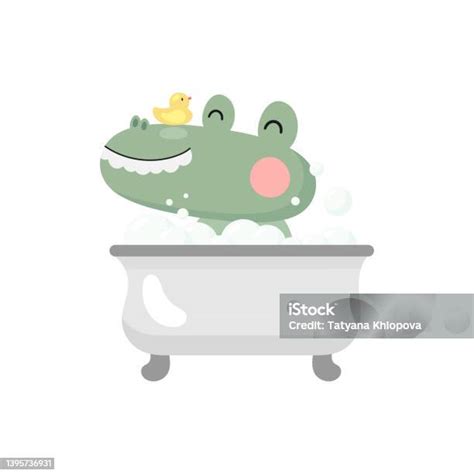 악어가 목욕을합니다 만화 스타일 벡터 일러스트레이션 카드 포스터 배너 어린이 책 팩에 인쇄 옷 직물 벽지 섬유 또는 접시에 인쇄 스파 온천에 대한 스톡 벡터 아트 및 기타