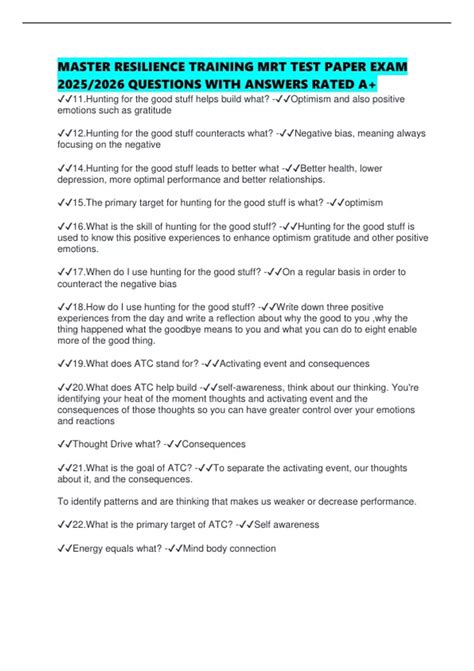 Master Resilience Training Mrt Test Paper Exam 2025 2026 Questions With Answers Rated A