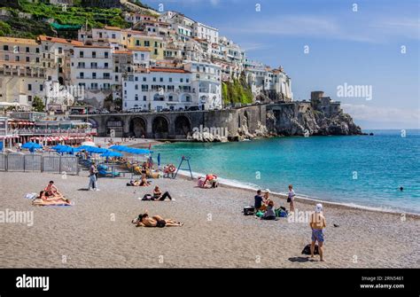 Beach With Village View On The Mountainside Amalfi Amalfi Coast Gulf