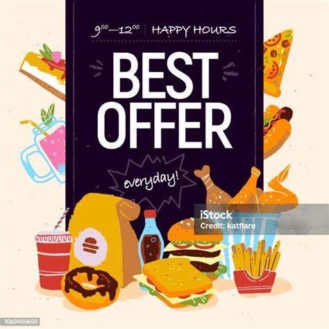 특별 한 패스트 푸드 카페에 대 한 벡터 손으로 그린 그림 광고 또는 배너 디자인 피자 도넛 탄산 음료 햄버거 감자 튀김 샌드위치 치킨 치즈 등을 제공 합니다 감자 요리에