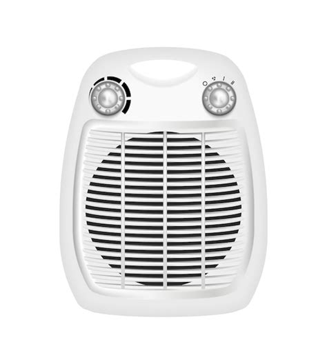 빈 배경 벡터 일러스트 레이 션에 온도 제어와 팬 기반 히터의 고립 된 이미지와 히터 현실적인 구성 프리미엄 벡터