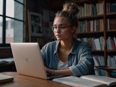 A Woman Sits At A Table With A Laptop And A Bookcase Behind Her Premium Ai Generated Image