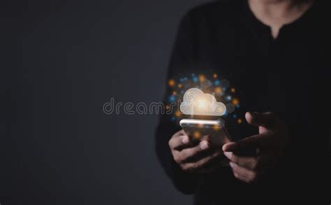 Young Man With Smartphone Mobile Hand Touching To Cloud Computing